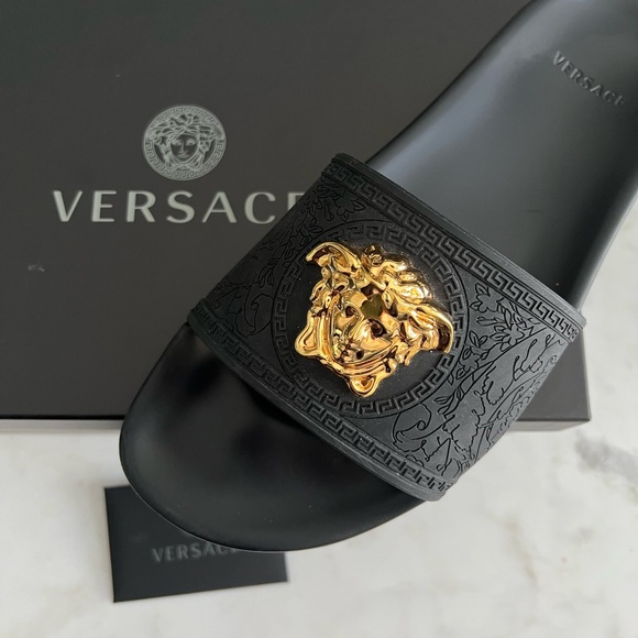 Versace | Shoes | Versace Black Slides With Gold Medusa | Poshmark